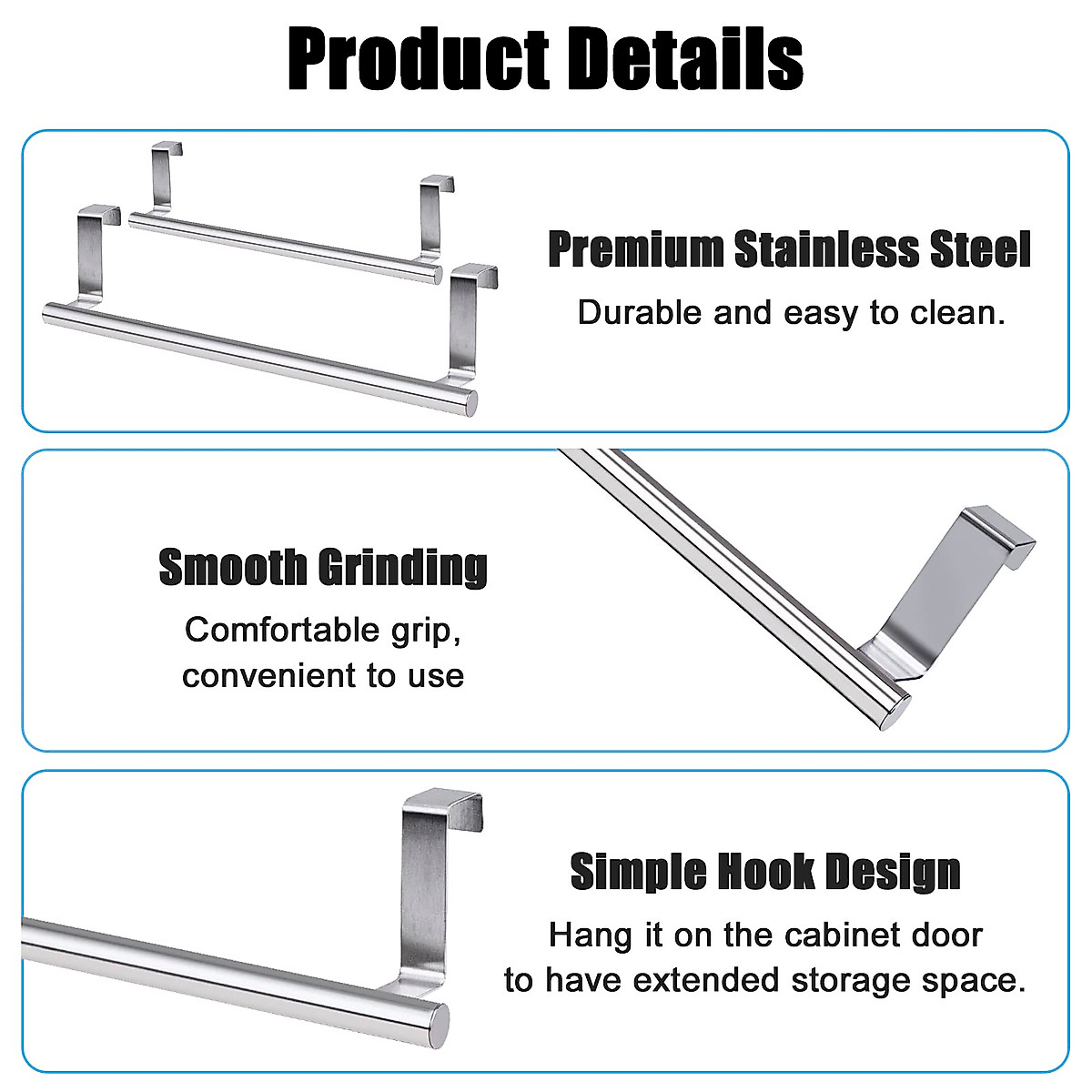 Cabinet Door Towel Bar, Dish Towel Rack for Cabinet, Stainless Steel Kitchen Towel Holder, Over The Door Hand Towel Hanger for Kitchen Bathroom Cupboard, 2 Pack (2*Small)