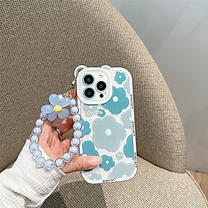 NITITOP Compatible for iPhone 13 Pro Max Case Clear Flower Floral Camera with Lovely Bracelet Chain Bear Lens Case for Women Girls, Shockproof Protective Soft TPU Cover - Blue