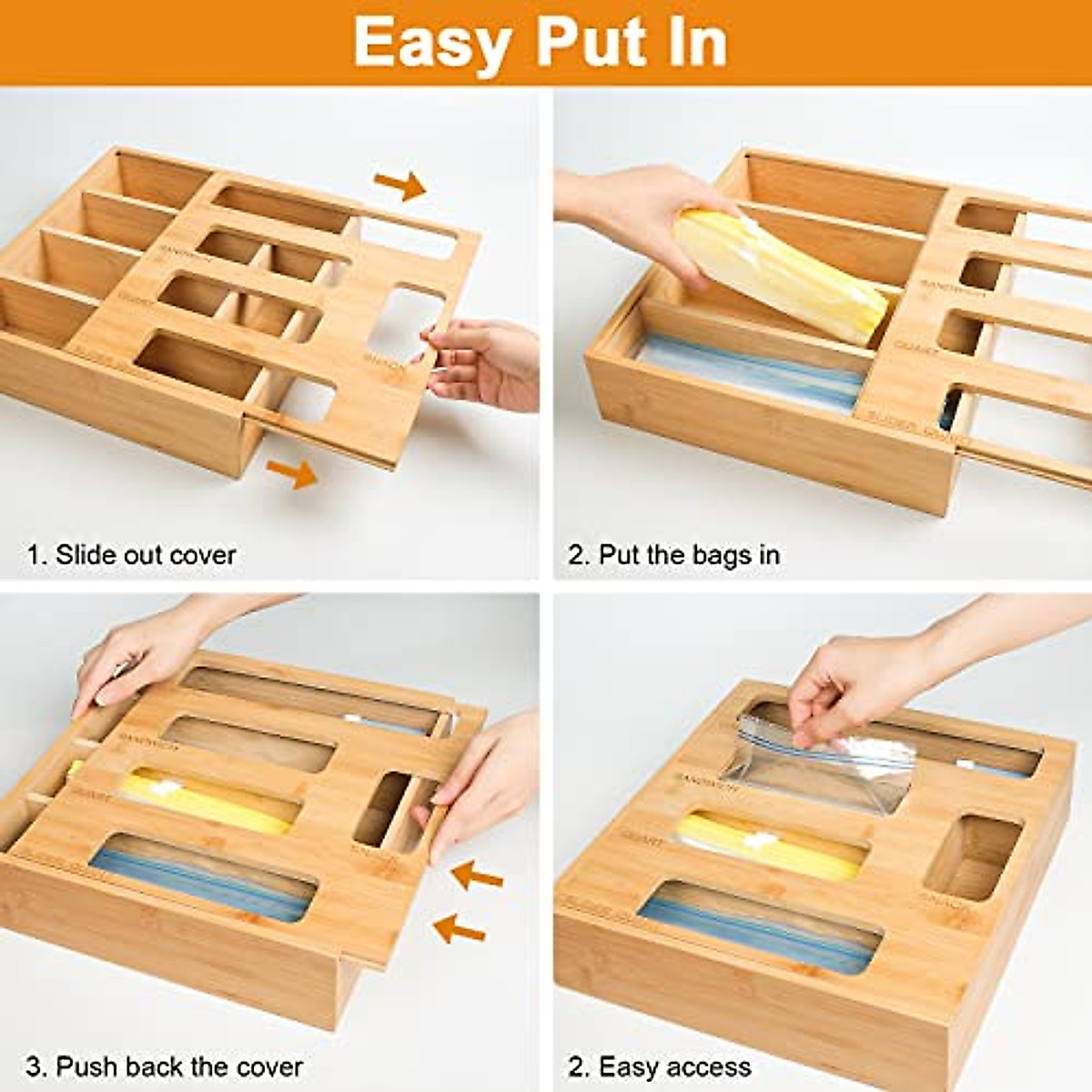 DUJEN Bamboo Ziplock Bag Storage Organizer, Food Storage Bags Container Organizer with Slider, Kitchen Plastic Bags Storage Compatible with Gallon, Quart, Sandwich & Snack Variety Size Bags