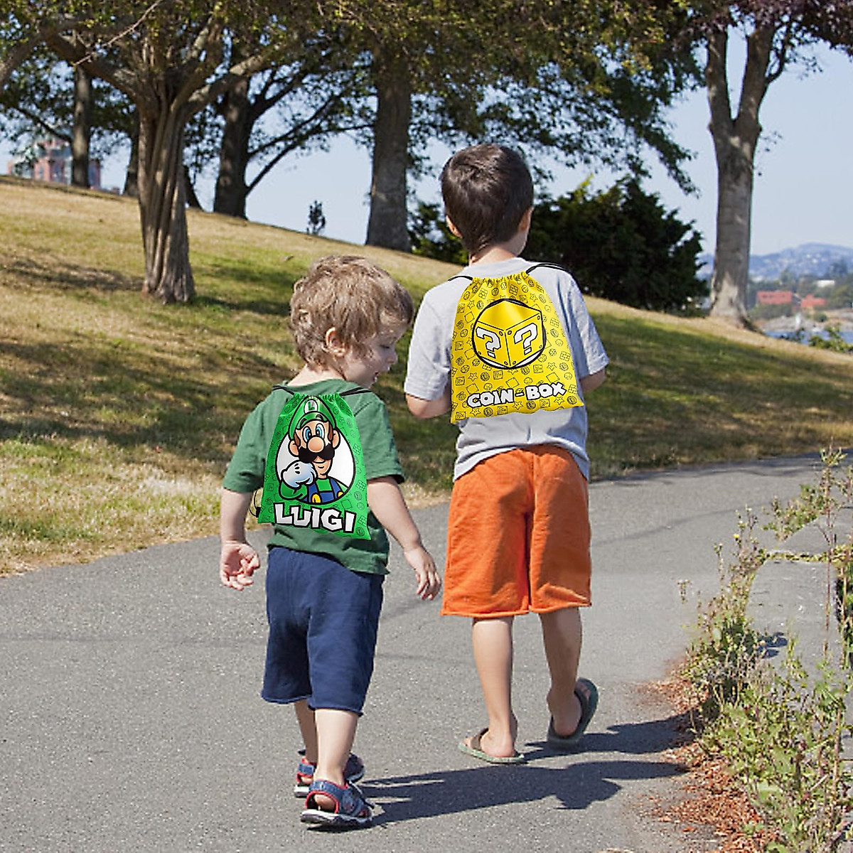 YOPENMOUNE 12 Pieces Mario Candy Drawstring Bag Drawstring Goodie Favor Bags for Boys and Girls Cartoon Birthday Party Decorations