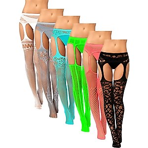 Skylety 6 Pairs Women Fishnet Thigh-High Stockings Tights Suspender Pantyhose Stockings for Women(X-Large-xx-large,White, Grey, Carmine, Light Blue, Fluorescent Green, Black)