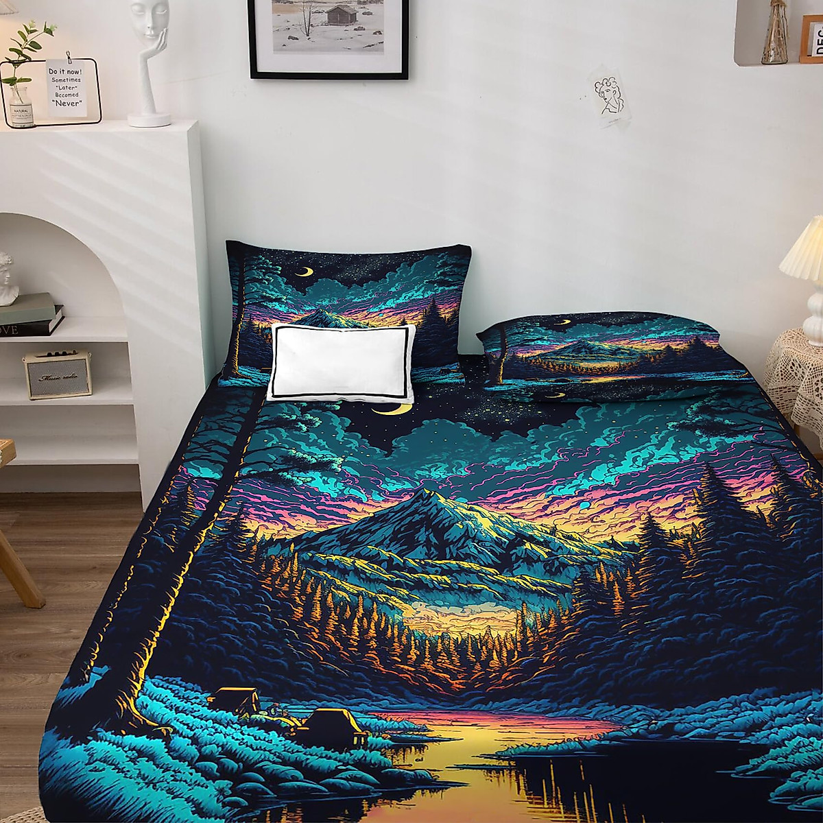 Mountain Sheets Full Size, Nature Bed Sheets, Patterned Bedding Sheets & Pillowcases 4 Piece Set - Soft Microfiber Deep Pocket Fitted Sheet & Flat Sheet & 2 Pillow Cases A3-&-32