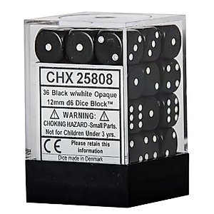 Black with White Dice Block, 12mm D6, Pack of 36