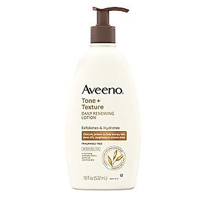 Aveeno Tone + Texture Daily Renewing Body Lotion With Prebiotic Oat, Gently Exfoliates & Hydrates Sensitive Skin, Clinically Proven to Help Bumpy, Rough Skin, Fragrance-Free, 18 Fl. Oz