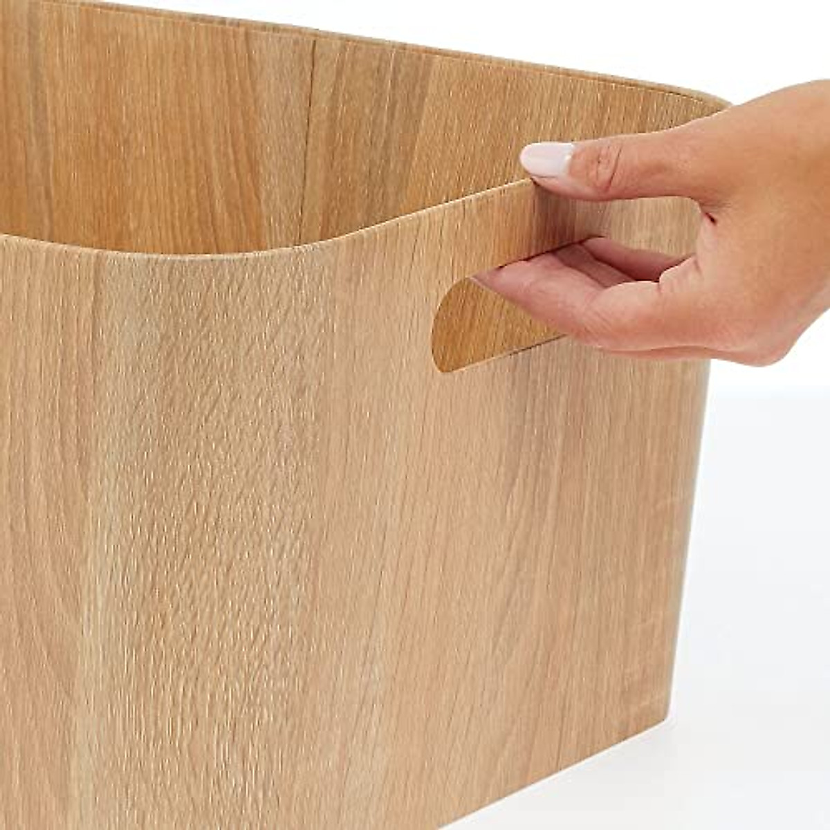 mDesign Wood Print Food Bin Box with Handles - Rustic Basket for Kitchen and Pantry Vegetable and Potato Storage - Perfect for Garlic, Onions, Fruit, and More - 16" Long - 4 Pack - Natural