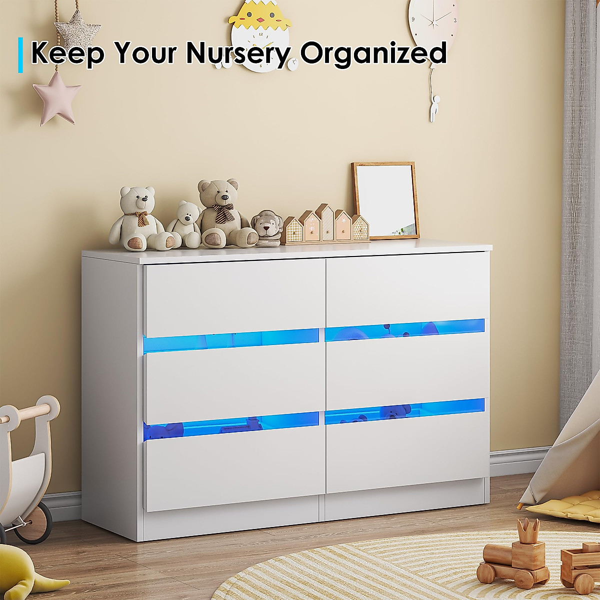 Gdvsclr 6 Drawer Double Dresser, Bedroom Dresser with Led Light, Wood Dresser for Nursery, Living Room, Hallway, Handless Design, 47.2''W×15.7''D×30.2''H (White)