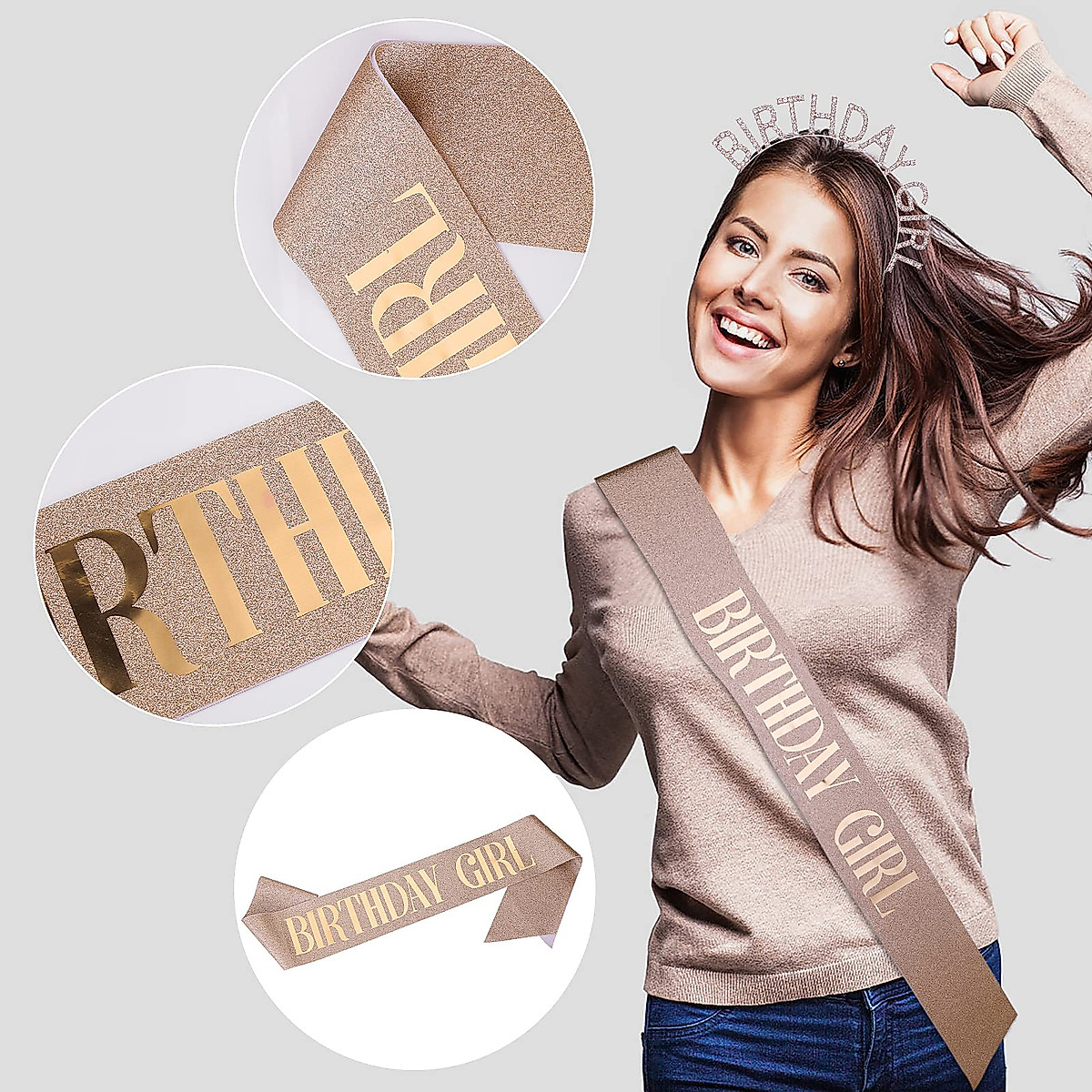 WLLHYF Birthday Crown for Women, Birthday Girl Headband Rose-Gold Rhinestone Hair Band Birthday Sash and Tiara Crystal Crown Headband for Women Girl Birthday Accessories Party Decorations