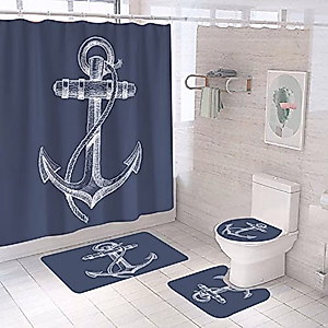 Posienr Nautical Navy Blue Anchor Bathroom Sets with Shower Curtain and Rugs Accessories, Vintage 12 Hooks, Bath Mat Set Decor by Durable Waterproof Fabric