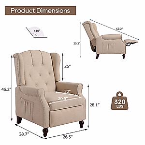 Consofa Wingback Recliner Chair with Massage and Heat Tufted Fabric Push Back Arm Chair for Living Room Vintage Recliner Chair with Remote Control, Padded Cushion, Backrest, Wooden Legs