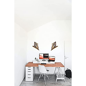 Meng Club Multi-use Rustic Long Mounted Corner Decorative Dark Wall Floating Bookshelf with 30 Degree Angle Wooden Bar for Living Room, Solid Pine Wood Wall Book Shelves Set for Hanging Coats Hook