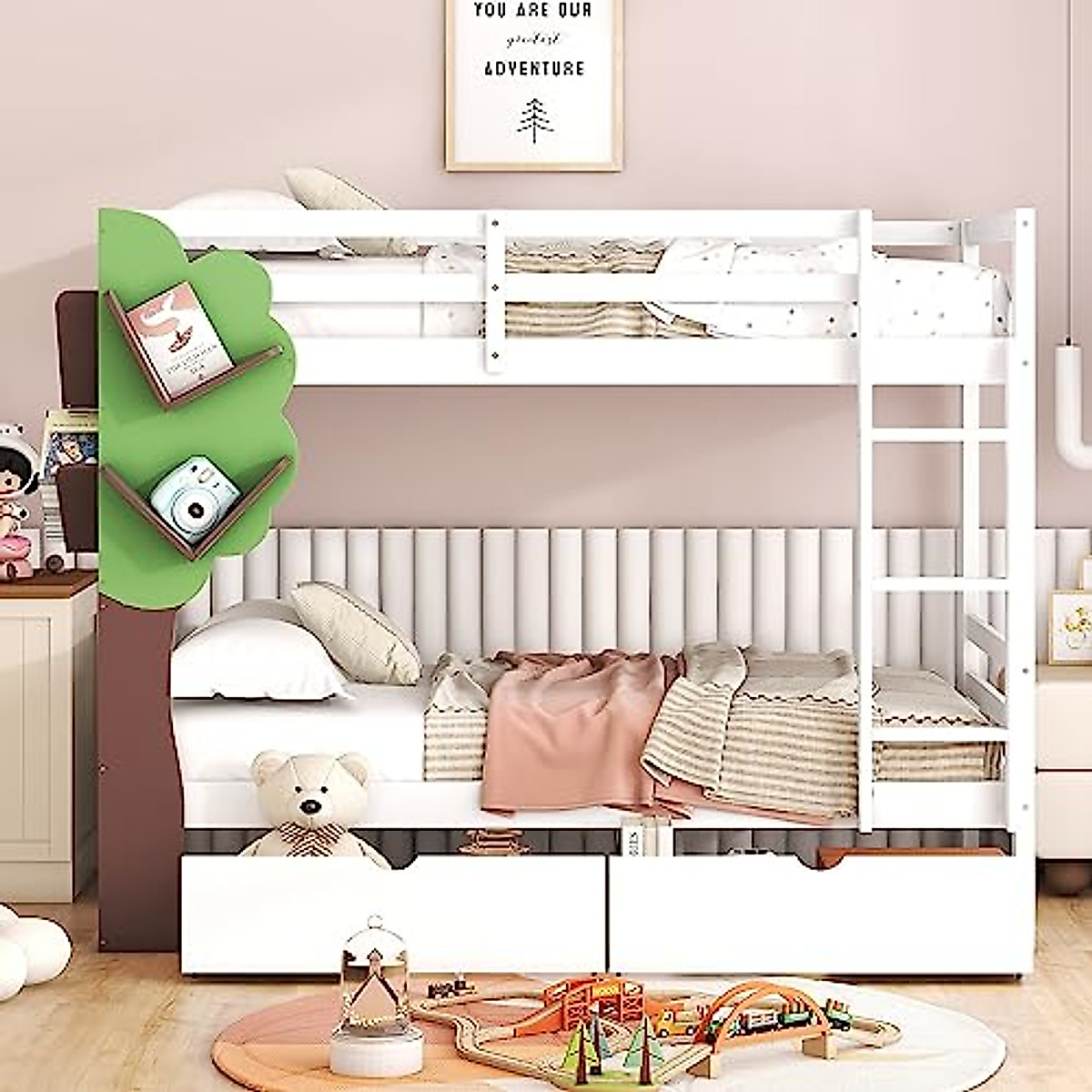 Altillo Twin Over Twin Bunk Bed with a Tree Decor and Two Storage Drawers, Wooden Twin Bunk Beds for Teens/Adults, Low Bed Frame Bedroom Furniture with Safety Guard Rails, No Box Spring Required
