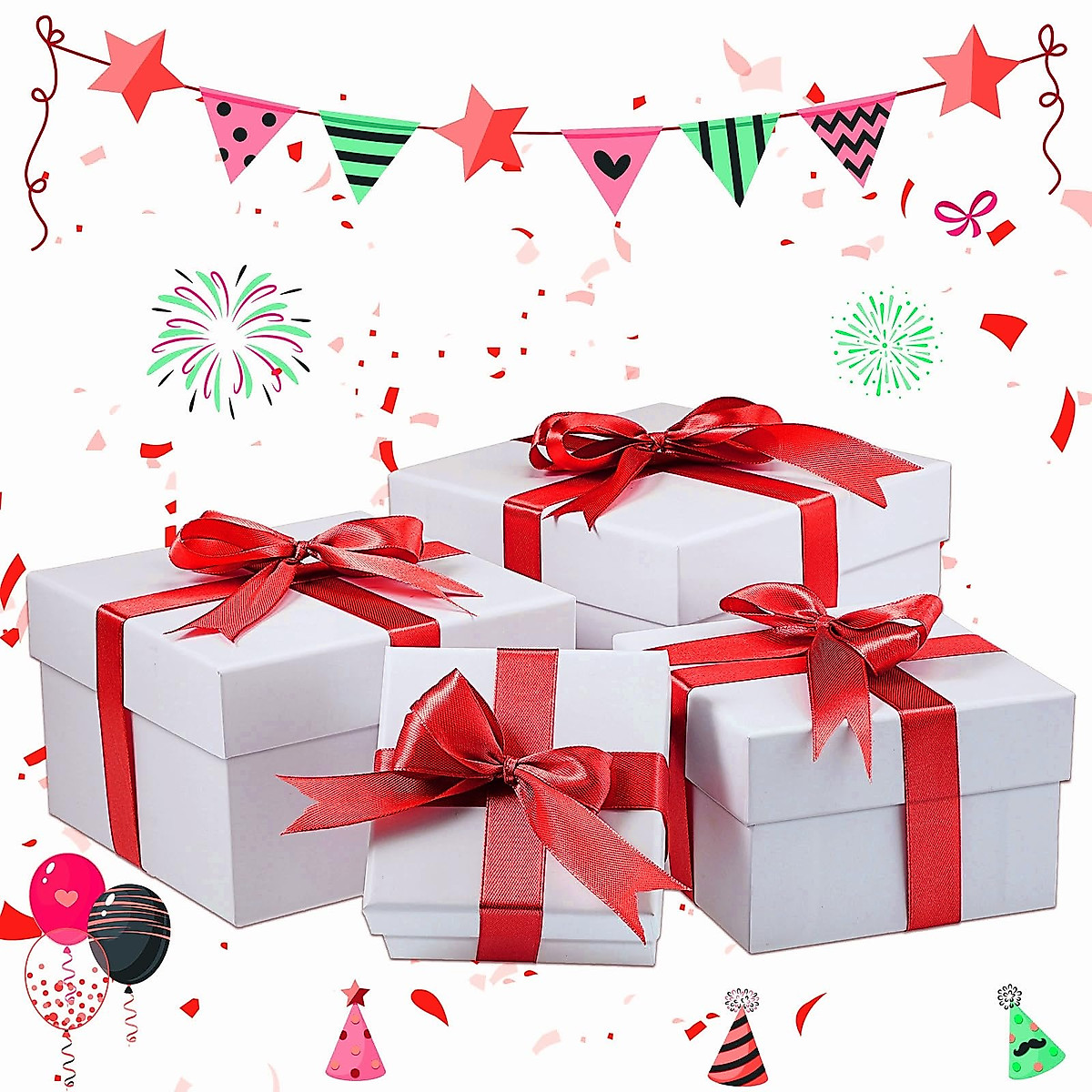 Marspark 4 Pcs Valentine‘s Day Nesting Gift Boxes with Lids Mixed Size Square Nested Boxes Stackable Gift Boxes Present Wrap Gift Box with Ribbon Gift Card for Presents Birthday Party Favor(White Box)