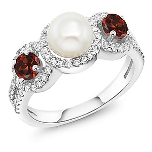 Gem Stone King 925 Sterling Silver Cultured Freshwater Pearl and Red Garnet Ring For Women (1.54 Cttw, Gemstone Birthstone, Available In Size 5, 6, 7, 8, 9)