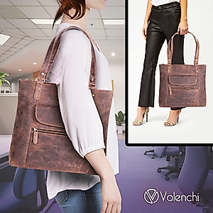 VALENCHI-Leather Shoulder Bag with Front and Back Zipper pocket with Large storage capacity (Brown Vintage)