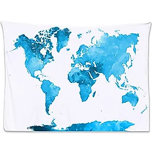 Watercolor World Map Tapestry - Watercolor Map Tapestry of the World. Colorful Classroom World Map Tapestries. Globe Tapestry Map Wall Hanging Art. Dorm Earth Map Wall Tapestry Map Decor (60 x 50, Blue)