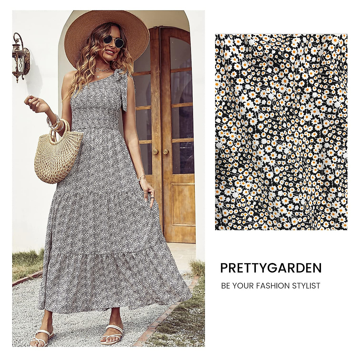 PRETTYGARDEN Women's Summer Floral Maxi Dress Knot One Shoulder Sleeveless Ruffle Flowy Boho Beach Wedding Guest Dresses(Black White Floral,Medium)