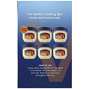 Vaseline Lip Therapy Cocoa Butter Mini, White Petrolatum, Advanced Moisturizer, Relieves Dull and Dry Skin, Mini Vaseline Petroleum Jelly, Soft & Smooth Vaseline Lips (Pack of 6-0.25 Oz Ea)