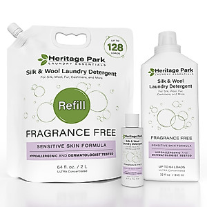 Heritage Park Silk & Wool Fragrance Free, Hypoallergenic, pH-Neutral Laundry Detergent - Dermatologist-tested, Sensitive Skin-Friendly, Enzyme-Free, Ultra Concentrated (64 fl oz Refill)