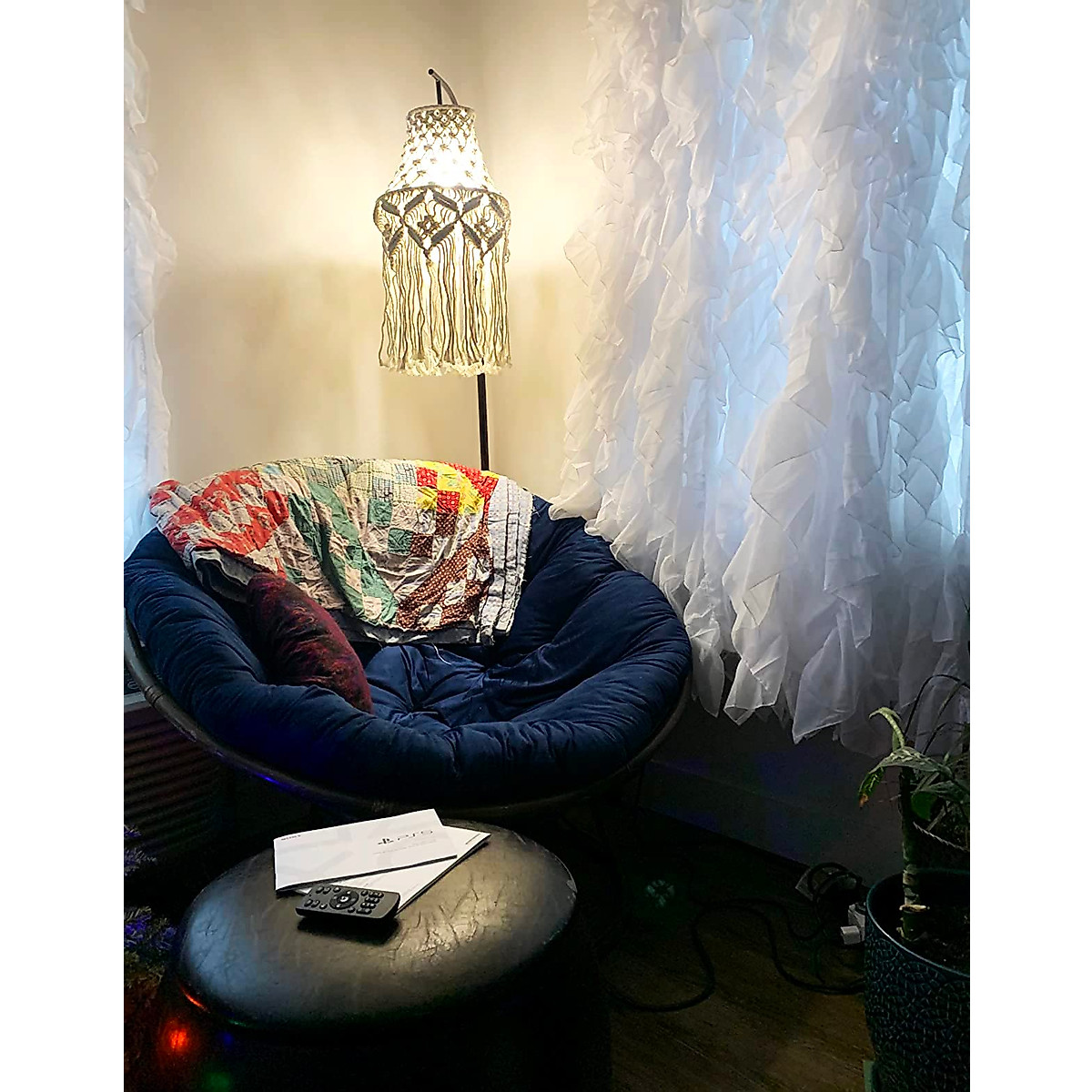 QIYIZM Boho Floor Lamp for Living Room Bedroom,Bohemian Standing Lamp with Control and Dimmable RGB Bulb,Farmhouse Adjustable Floor Light,Macrame Fringe Lamp Shades,Modern Arc Tall Lamp（Colorful Bulb）