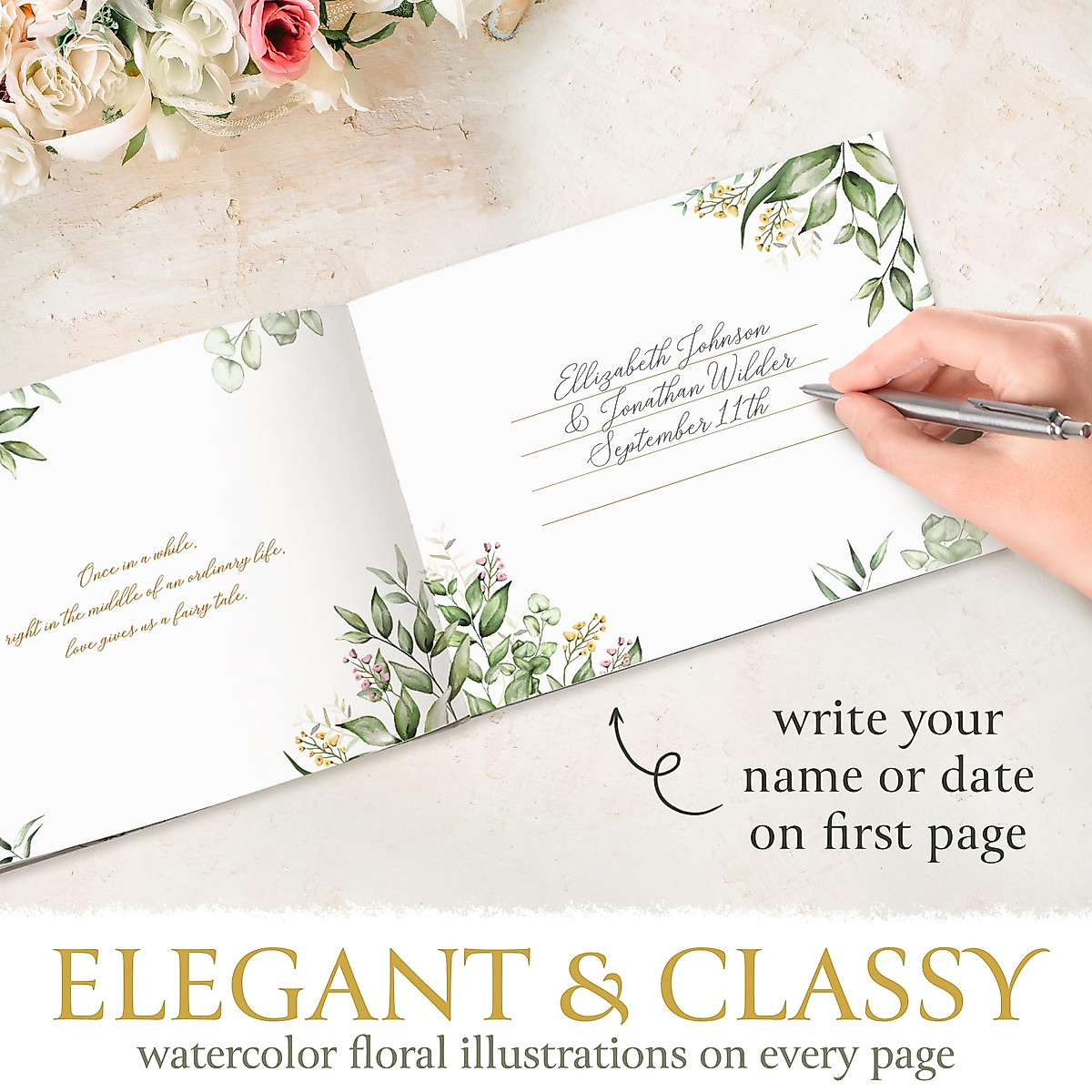 Wedding Guest Book with Photo Frame - Elegant Flower Design Hardcover with Golden Edges Wedding Guest Book - 120 Pages for Wedding Reception, Bridal Shower, and Special Events