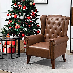 MOJAY Mid-Century PU Leather Accent Chair, Living Room Lounge Sofa Chair with Buttons, Single Club Armchair with Rivet Trim for Bedroom Home Reception (Brown)