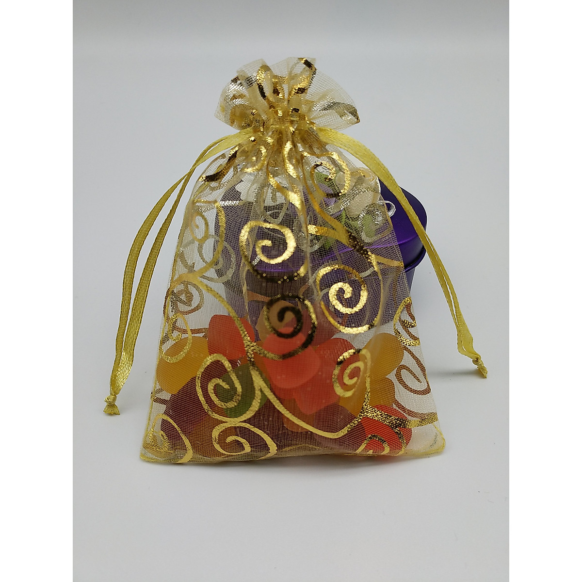 Ankirol 100pcs Sheer Organza Favor Bags For Wedding Baby Shower Rattan Print Gift Bags Samples Display Drawstring Pouches (3x4 inch, gold)