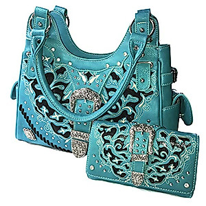 Zelris Women Tote Handbag Wallet Set Western Gleaming Buckle Floral Cowgirl Concealed Carry Purse (Turquoise)