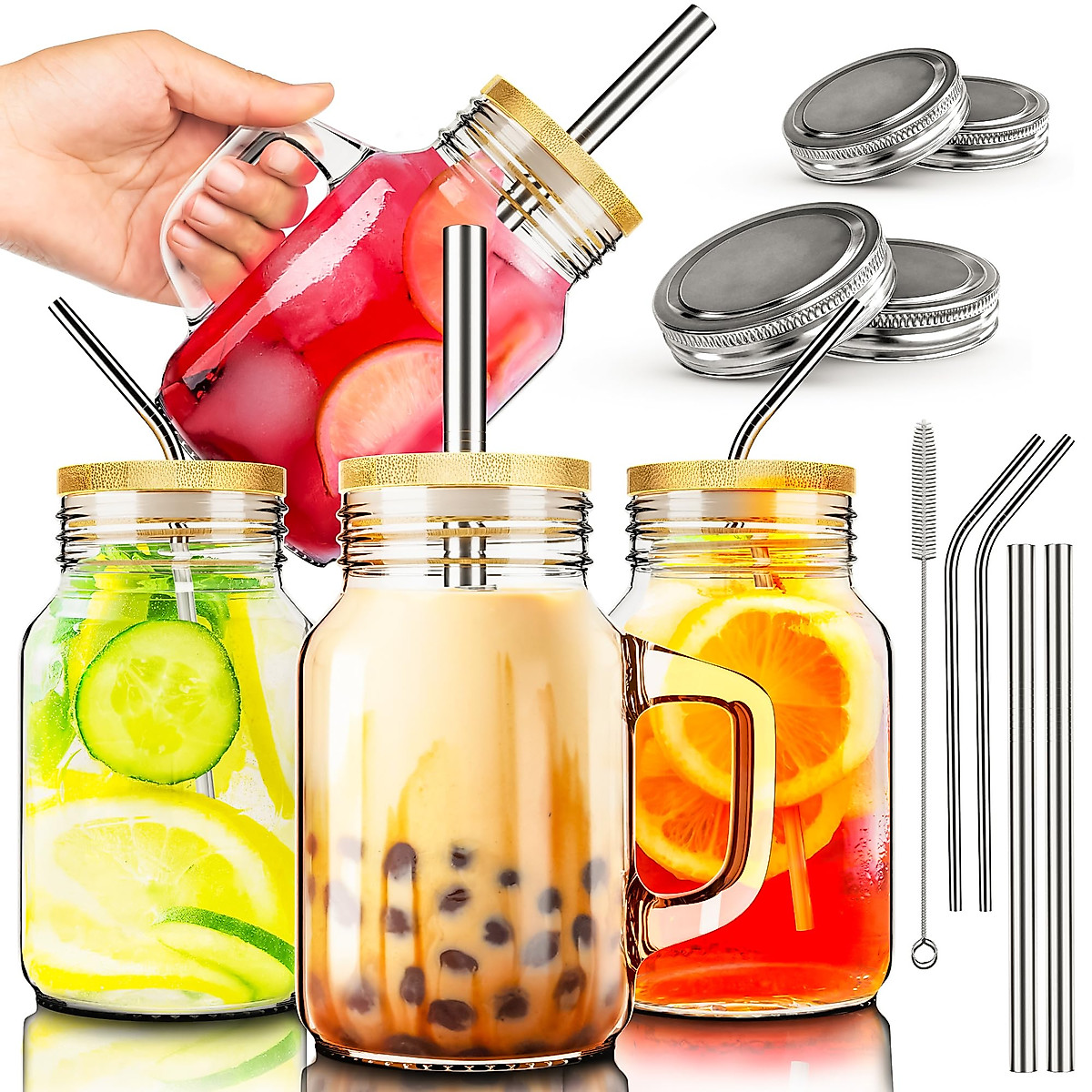 Sips Jar Club 20oz Mason Jar Mug Set of 4 with Handles, Lids, Straws & Cleaning Brush - Overnight Oats & Iced Coffee Cups