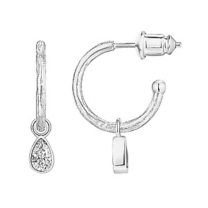 PAVOI Rhodium Plated 925 Sterling Silver Post Dangle Huggie Hoop Earrings For Women - Trendy Pear Shaped Cubic Zirconia Drop Open Hoop Earrings - Small Hinged Hammered Huggies