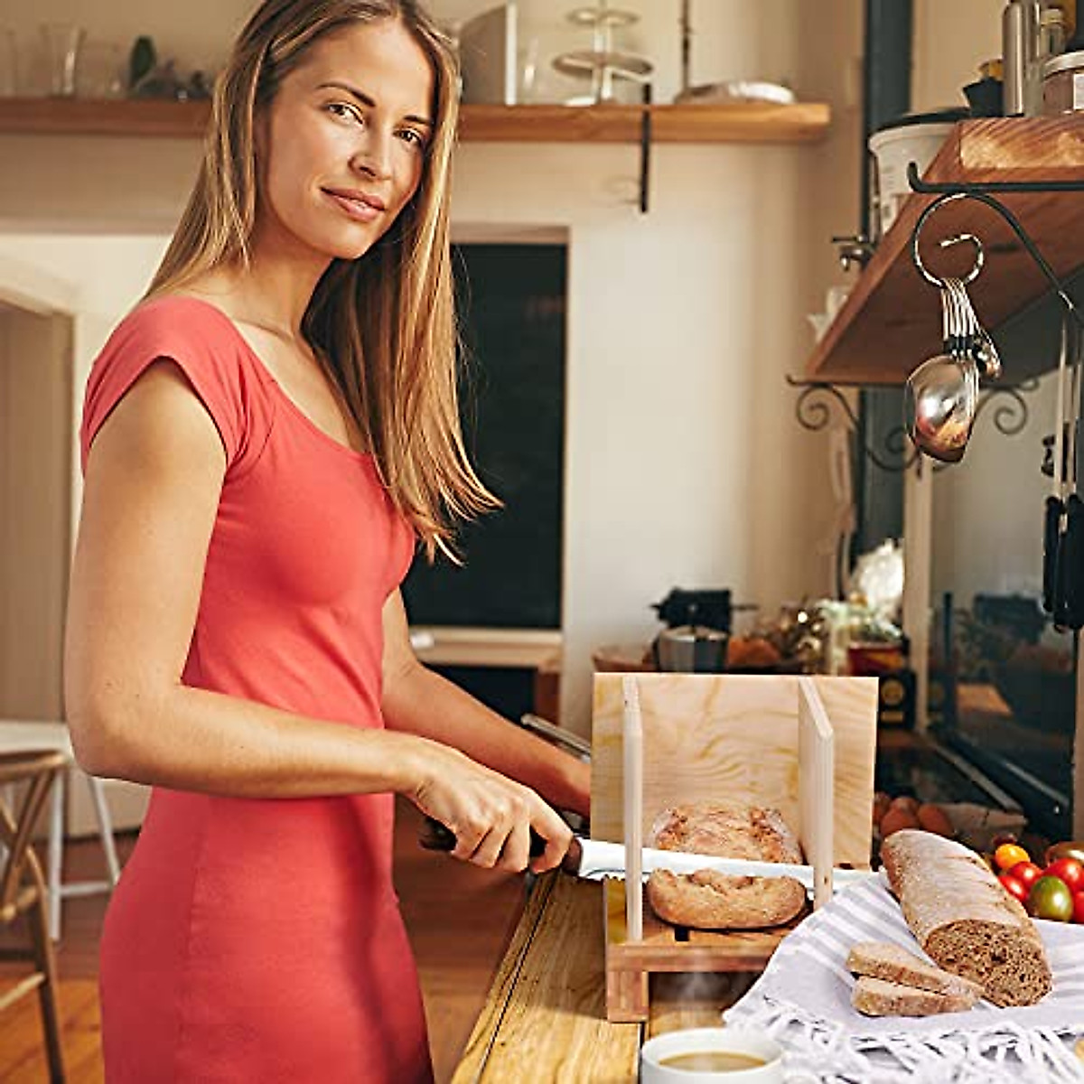 Mama's Great Bamboo Bread Slicer for Homemade Bread - Adjustable Slice Width Bread Slicing Guides with Sturdy Wooden Cutting Board - Compact & Foldable