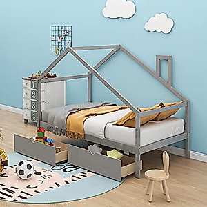 Platform Bed Daybed with Two Pull-Out Drawers and Roof, House Bed Frame for Kids, Twin Size, Gray