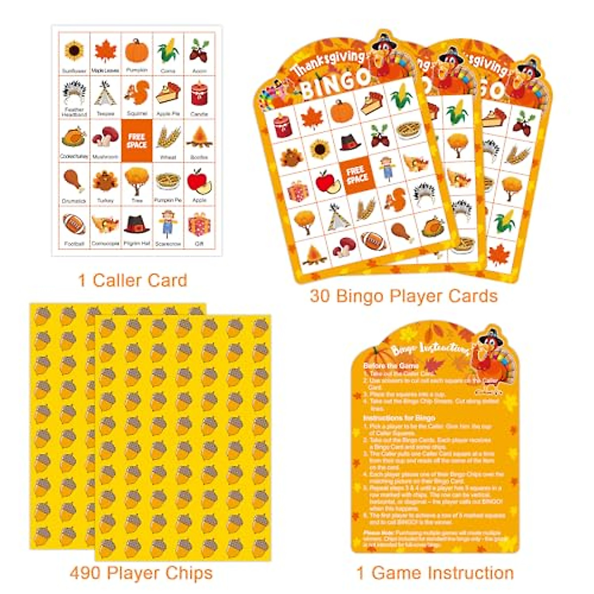 OUNENO Thanksgiving Bingo Game Cards - 30 Player Party Game for Family, Classroom, and Birthday Celebrations