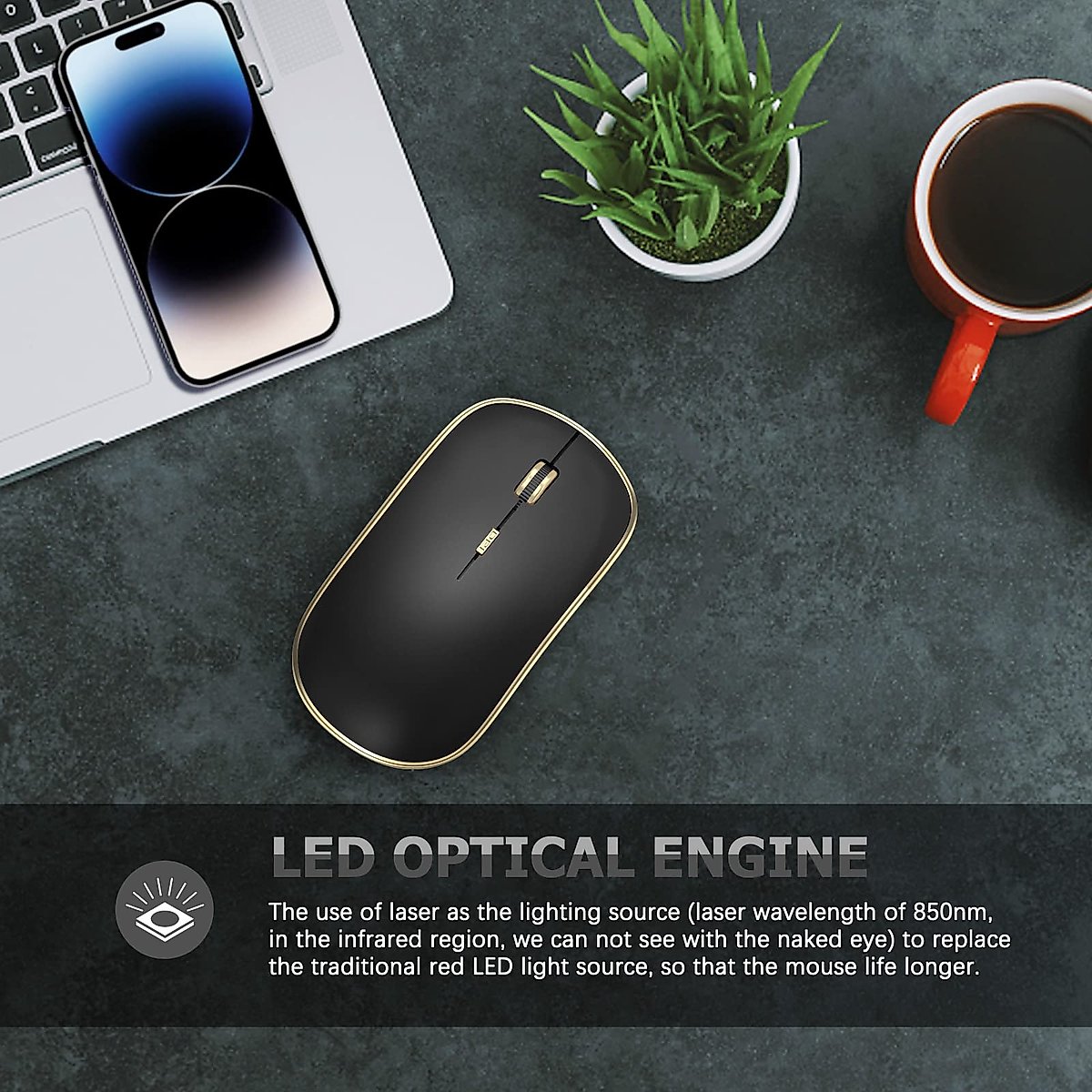 JOYACCESS J Silent Mouse Wireless, Portable Wireless Computer Mouse with 5 Adjustable DPI Levels, USB Mouse for Desktop, Notebook, MacBook, Chromebook, PC (Black Gold)