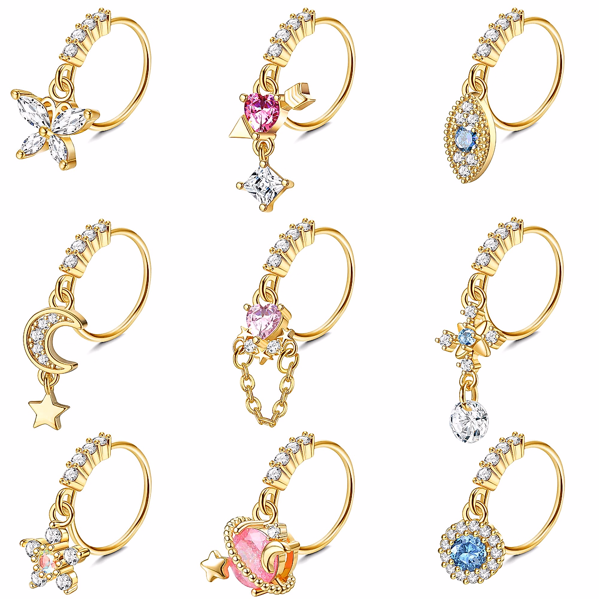 JOERICA 9 Pcs 20G Dangle Nose Rings Hoops for Women Butterfly Heart Arrow Evil Eye Moon Star CZ Dangle Nose Rings Cartilage Earring Dangling Nose Piercing Jewelry