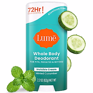 Lume Whole Body Deodorant - Invisible Cream Stick - 72 Hour Odor Control - Aluminum Free, Baking Soda Free, Skin Safe - 2.2 Ounce (Minted Cucumber)