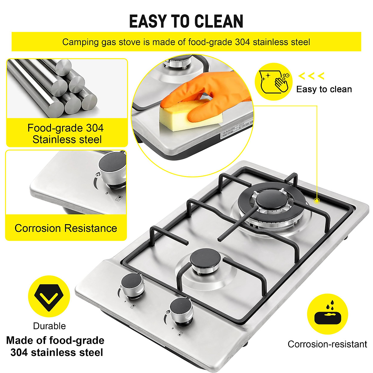 12" Gas Cooktops, 2 Burner Drop-in Propane/Natural Gas Cooker, 12 Inch Stainless Steel Gas Stove Top Dual Fuel Easy to Clean (12Wx20L)