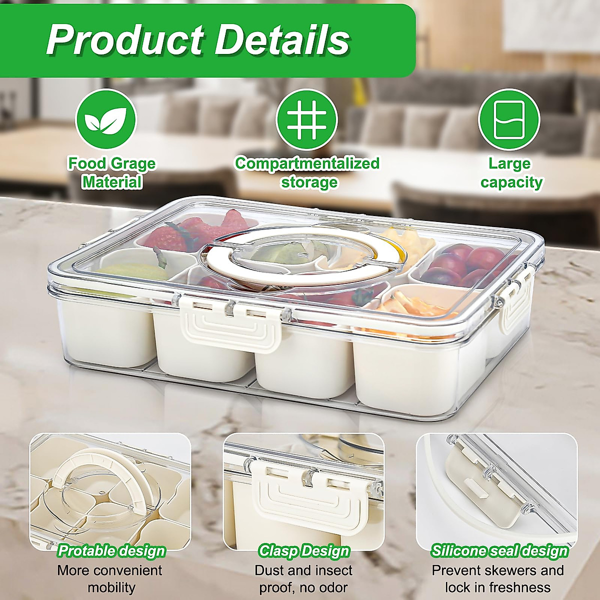 Divided Serving Tray Snack Platter Container with Lid & Handle, 8 Compartments Portable Food Fresh-Keeping Storage Box Vegetable Organizer for Refrigerator Perfect for Party & Picnic