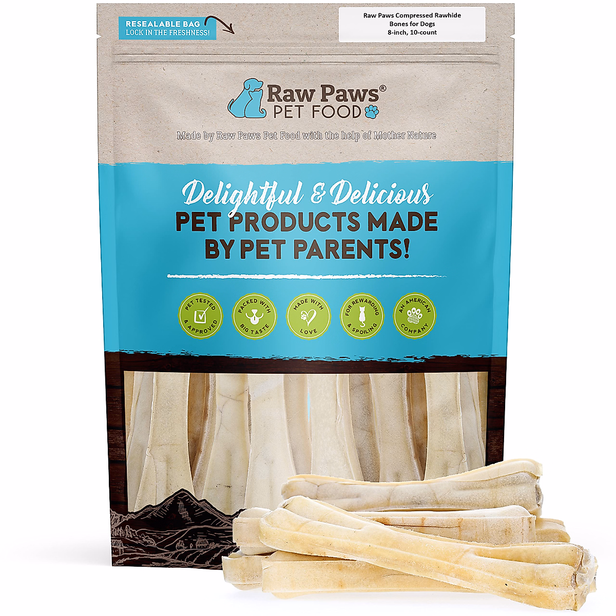 Raw Paws Compressed Rawhide Bones for Dogs, 8-inch, 10-Count - Packed in USA - Long Lasting Dog Chews - Natural Pressed Rawhides - Rawhide Bones for Large Dogs - Raw Hide Bones for Aggressive Chewers