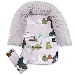 Baby Carseat Headrest and Strap Covers, Minky Adventure Mountain Baby Carseat Head Support & Carseat Neck Cover,Infant Head Support Pillow, Toddler Headrest Cushion Pad for Carseat Strollers Carrier