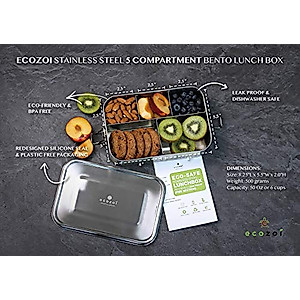 ecozoi Stainless Steel Lunch Box, 1-Tier Metal Bento Box Leak Proof with 5 Compartments, 50 Oz Metal Lunch Container, Meal Prep Food Container, with 50 ml Sauce Container