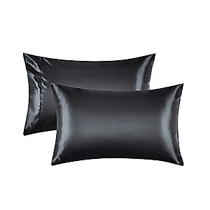 Pack of 2 Satin Pillowcases for Hair and Skin, Satin Pillow Cases Set of 2 Pillow Cover with Envelop Closure (Standard/Queen, Black)
