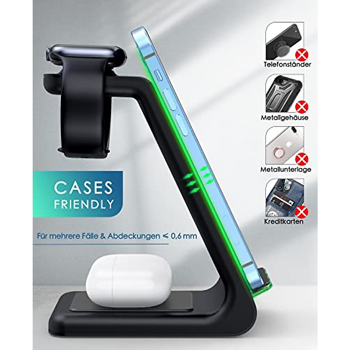 Wireless Charging Station,3 in 1 Fast Charging Station,Wireless Charger Stand for iPhone 13/12/11 Pro Max/X/Xs Max/8/8 Plus, AirPods 3/2/pro, iWatch Series 7/6/5/SE/4/3/2, and Samsung Phones