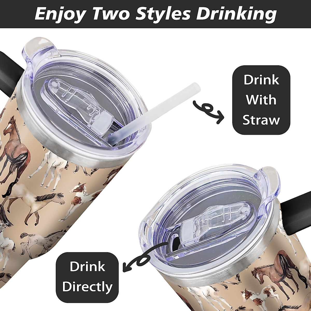 puhnhsv 30 oz Horse Tumbler With Handle and Straw, 30oz Insulated Stainless Horse Tumbler Coffee Travel Mugs Cup Water Bottle Horse Lovers Gifts for Women Girls