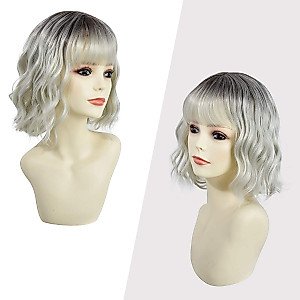 Rose bud Wavy Bob Wig with Bangs Natural Ombre Silver Wig Synthetic Hair Shoulder Length Short Curly Wigs for Women