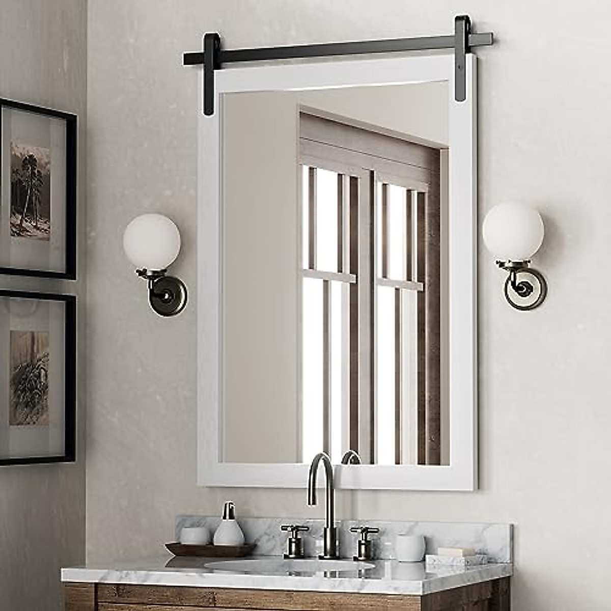 White Framed Bathroom Mirror, 24x36 Inch Wood Frame Vanity Mirror, Farmhouse Wall Mounted Rectangle Barn Door Dressing Mirrors (Lean/Vertical)