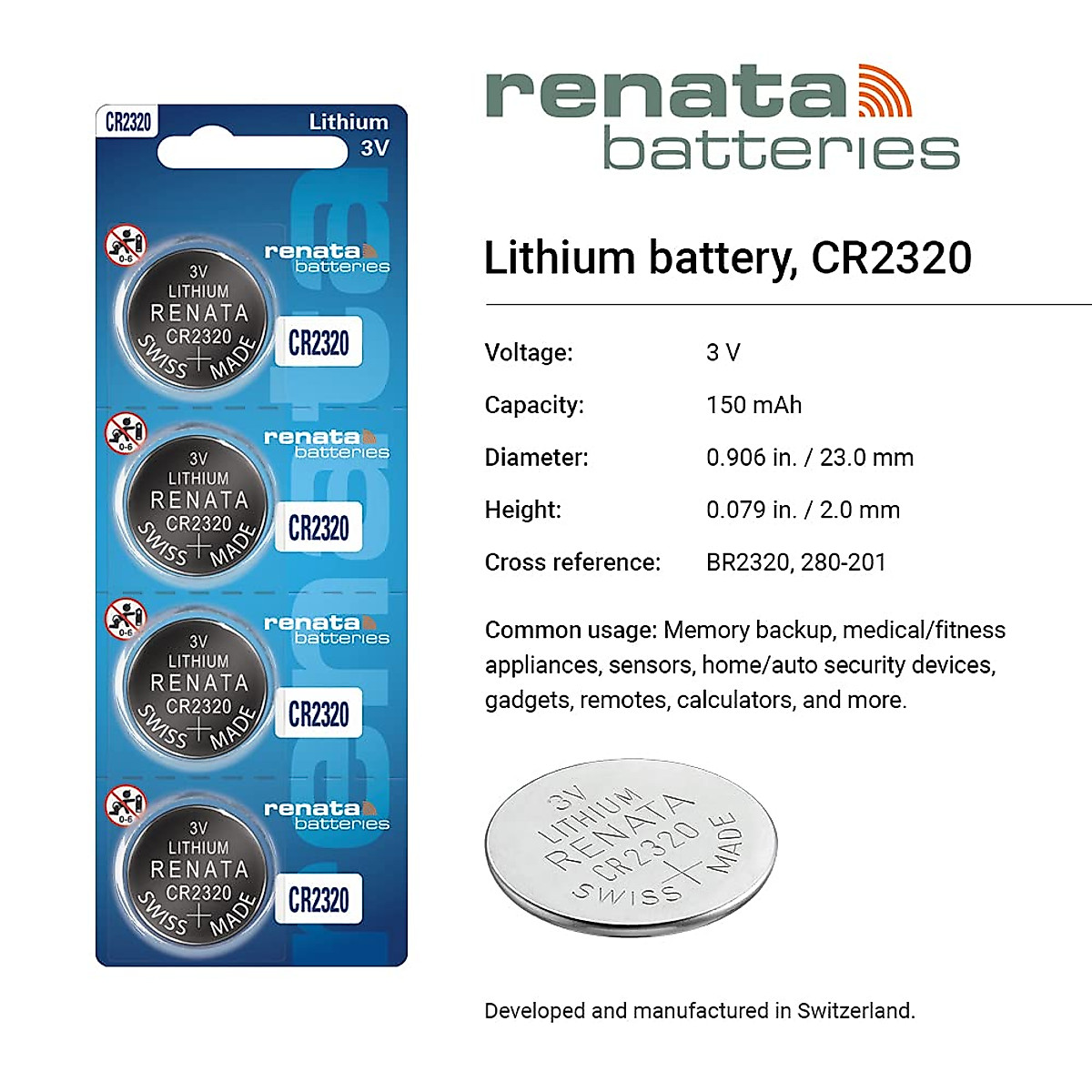 3 X Renata CR2320 (Br2320) 3 Volt Lithium Coin Battery