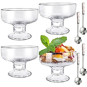 Worldity Glass Dessert Bowls Set of 4, 6.42oz Ice Cream Bowls with Spoons, Crystal Dessert Cups, Lead-free Ice Cream Bowls for Appetizers Ice Cream Cocktail Pudding Fruit Sauce