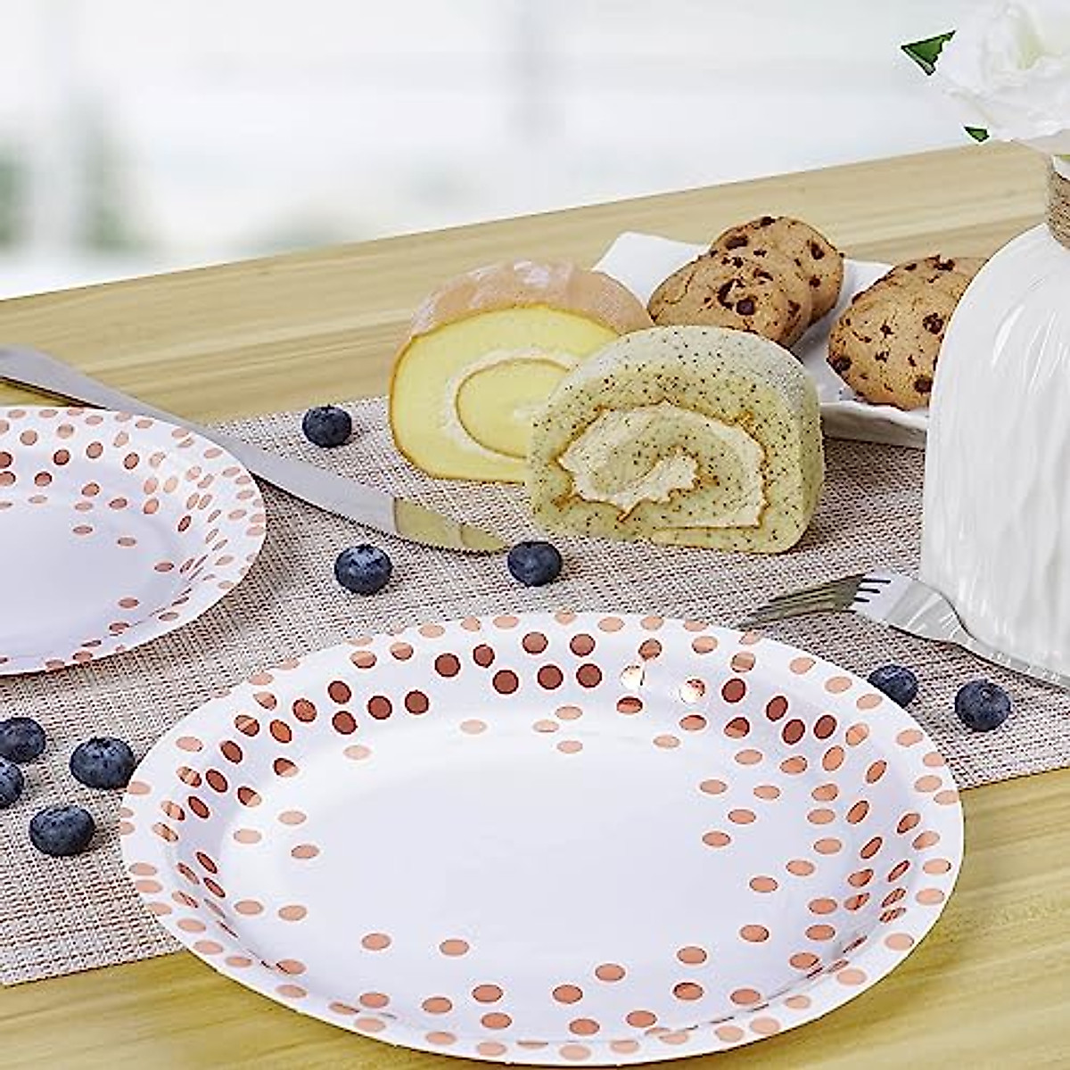 ROSINL Disposable Paper Plates 100 Pack White and Rose Gold Dots Paper Plates 50 x 9 and 50 x 7 Dinner Plates, Foil Polka Dots Paper Plates for Wedding Bridal Shower Engagement Birthday Parties