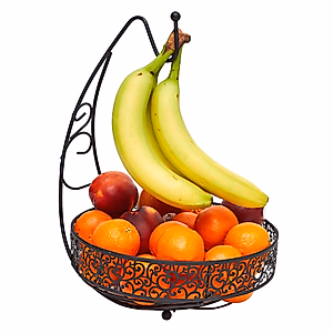 Totally Kitchen Fruit Basket with Banana Tree Hanger | Round Metal Fruit Storage Bowl | Matte Black