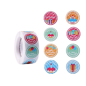 (1000pcs 2 Rolls,1") Happy Birthday Stickers Roll in 16 Designs, Adorable Round Seal Stickers, Envelope Seal Sticker Self Adhesive Stickers Pasters for Gift Packaging, Party Invitations and MORE